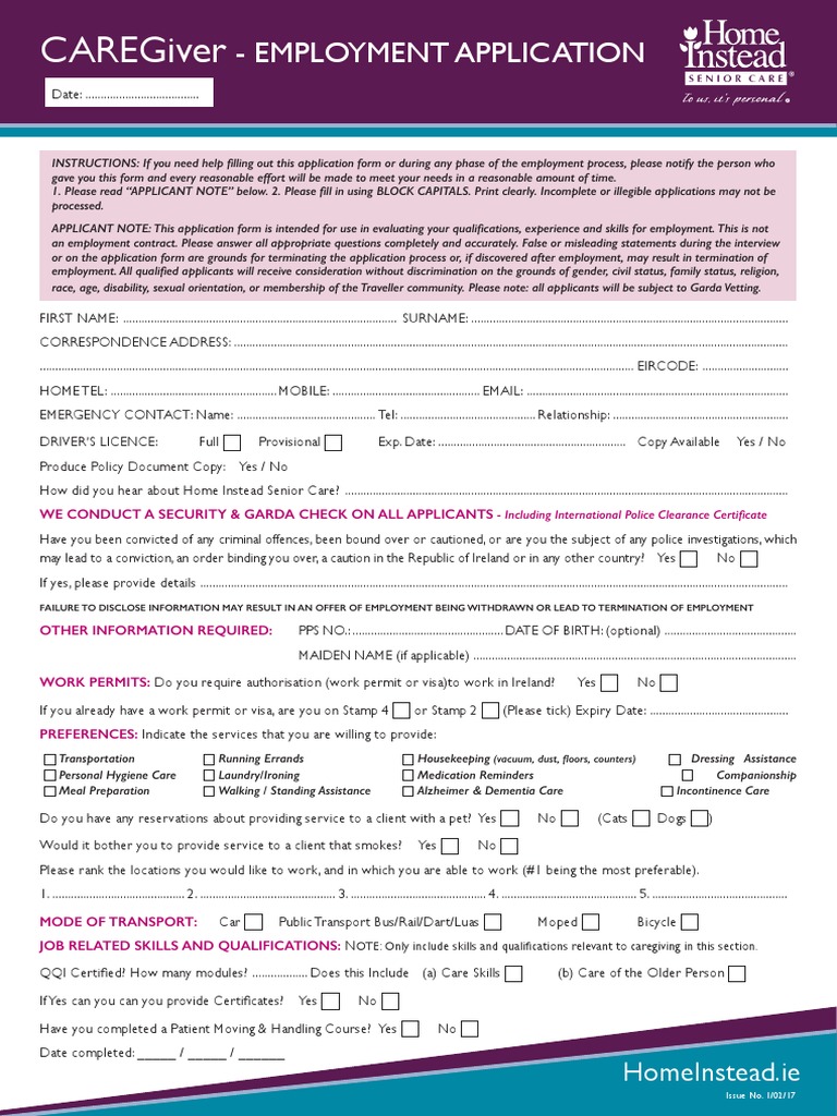 Application Form | PDF | Caregiver | Employment