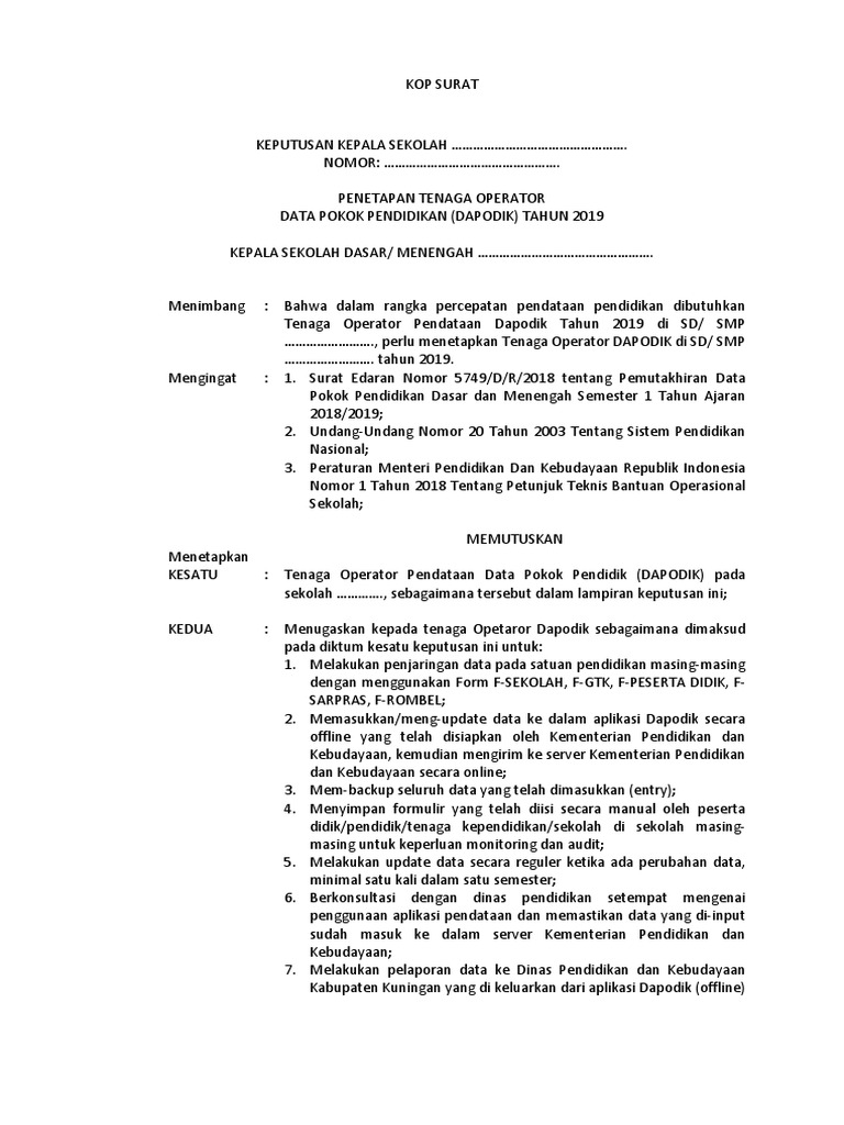 Contoh SK Operator Dapodik Sekolah 2019 | PDF