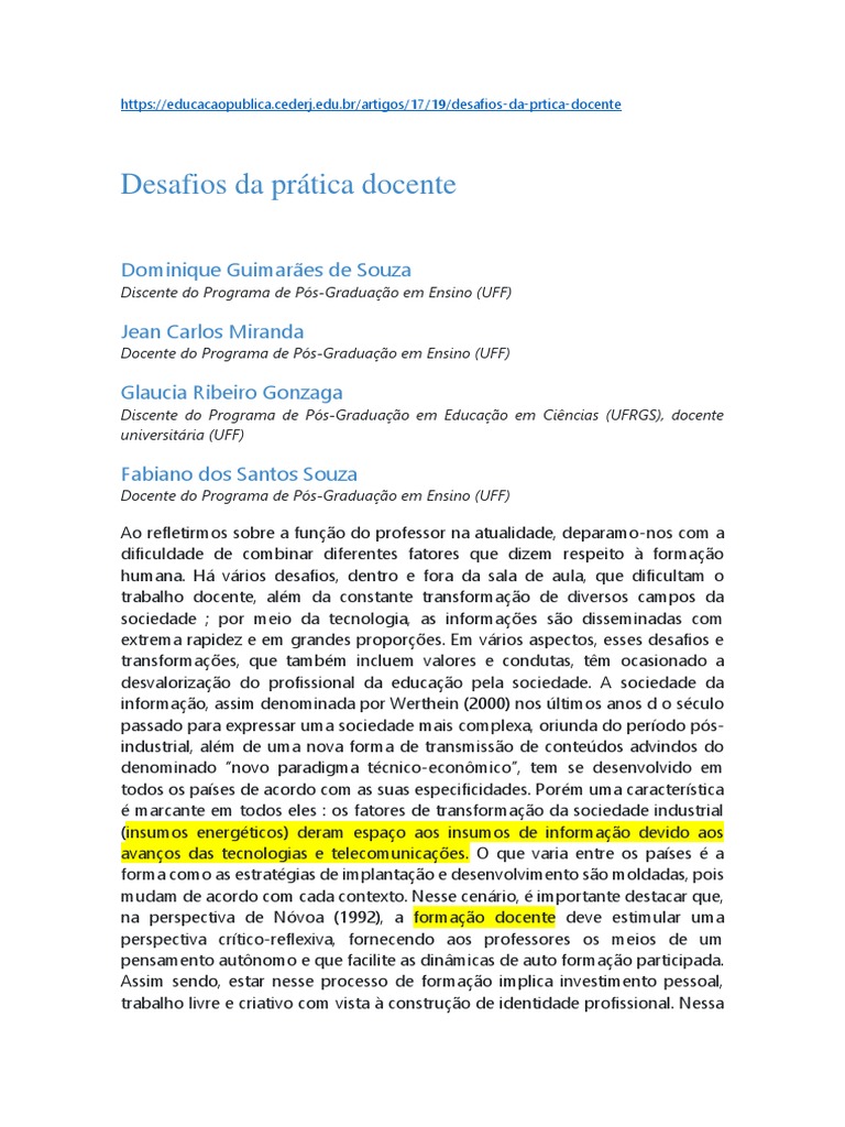 Desafios Da Prática Docente Pdf Pedagogia Professores