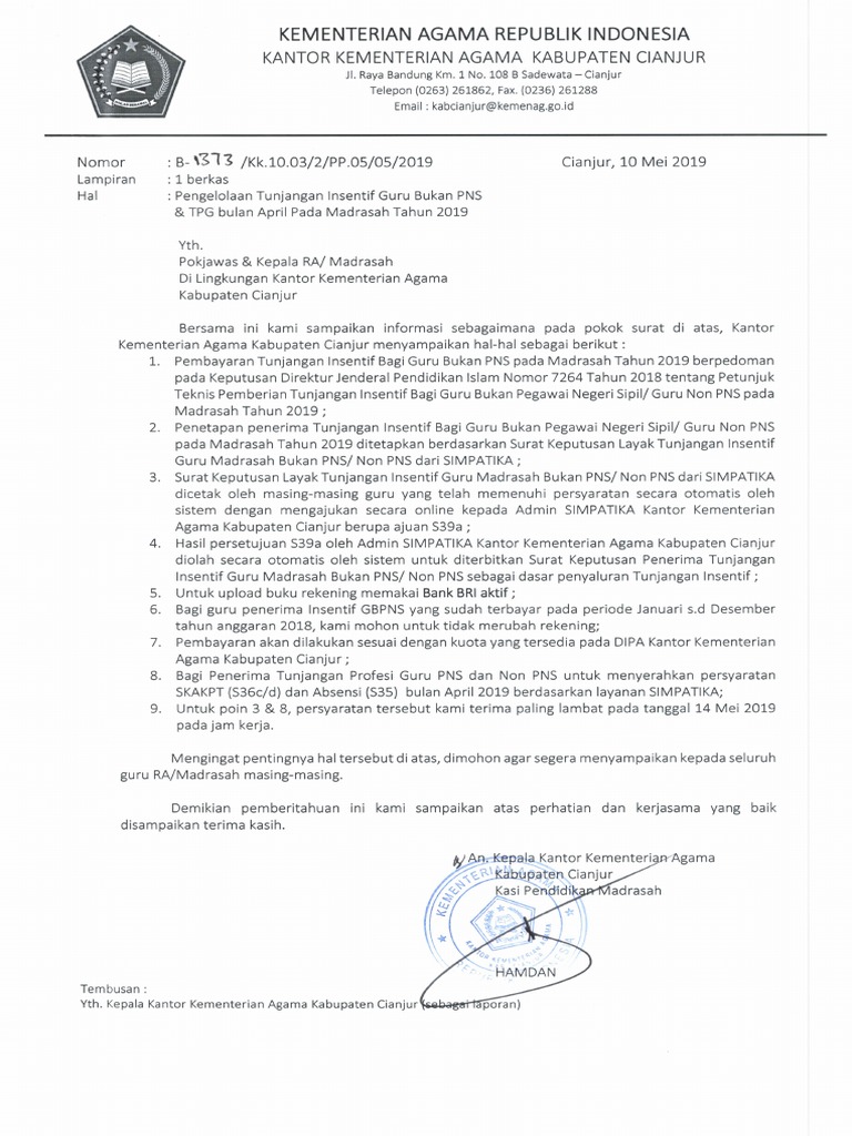Surat Pngelolaan Insentif Gbpns & TPG April 2019 | PDF Surat Pngelolaan Insentif Gbpns & TPG April 2019 | PDF