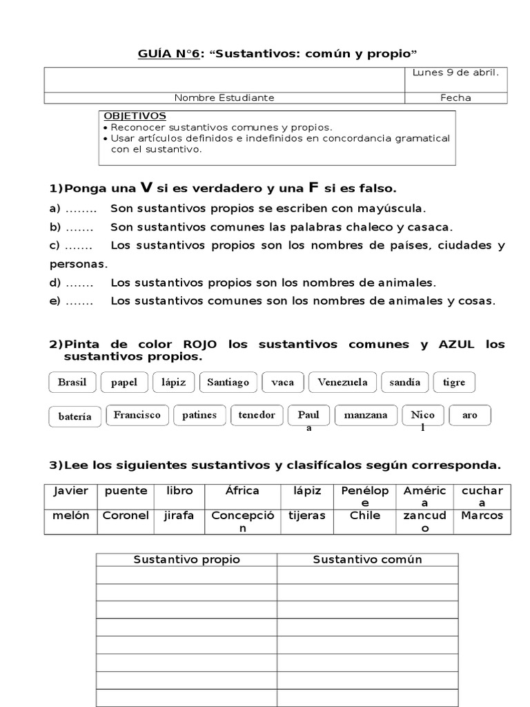 Clasificación de Sustantivos Comunes y Propios | PDF | Sustantivo ...