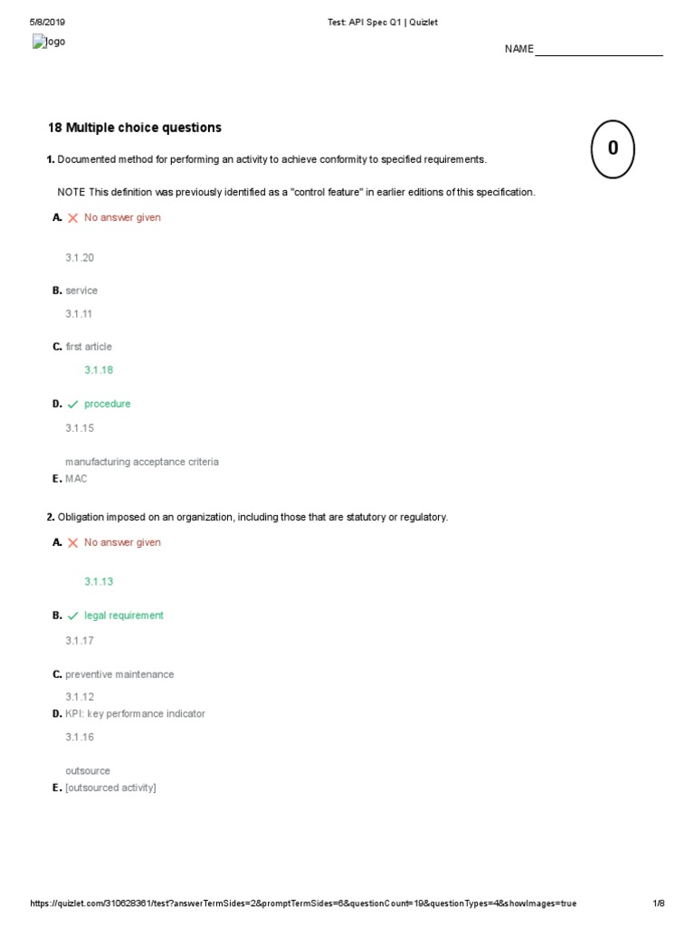 Test - API Spec Q1 - Quizlet | PDF | Quality Management System ...