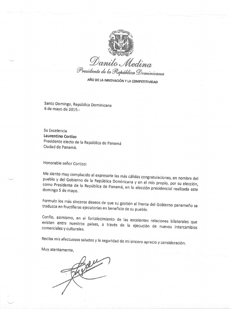 Carta de Felicitación Del Presidente Danilo Medina A Laurentino Cortizo ...