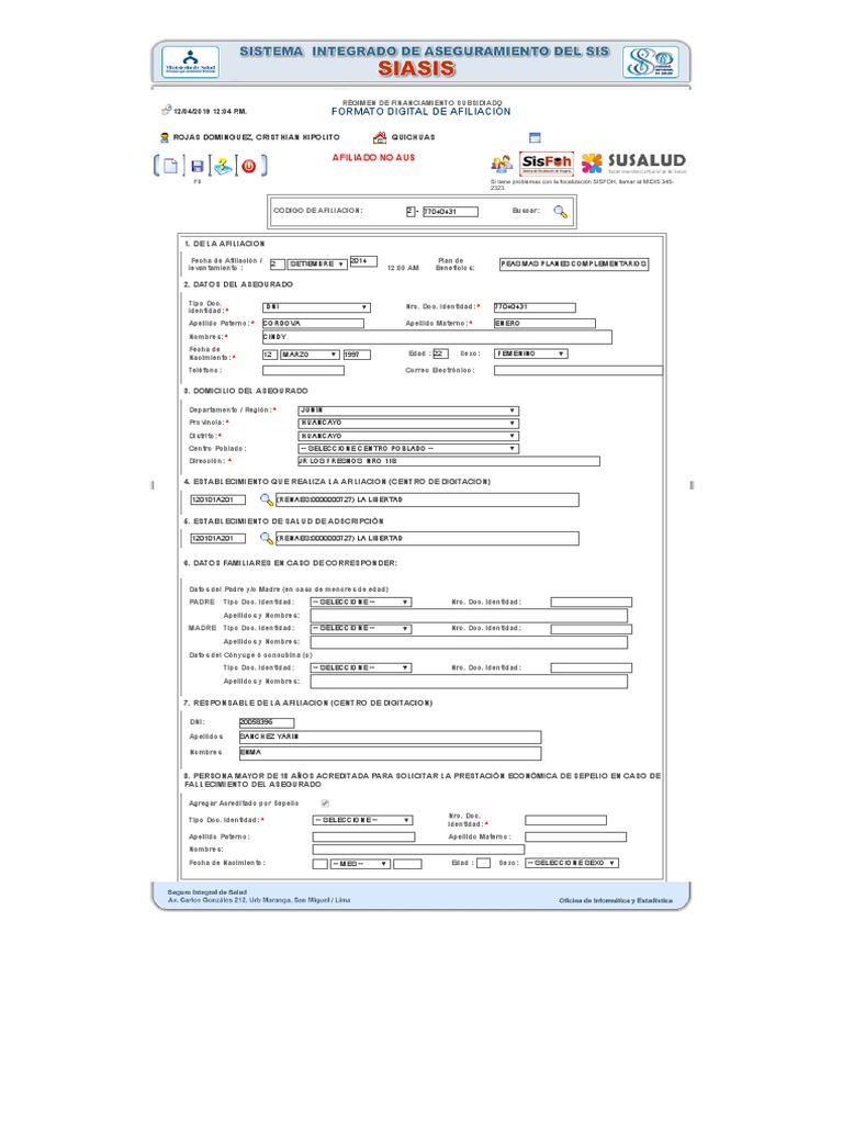 Formulario de Afiliación - SIS Gratuito