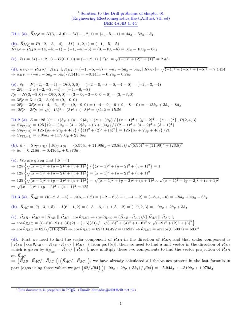 Solution To The Drill Problems of Chapter 01 (Engineering Electromagnetics, Hayt, A.Buck 7th Ed ...