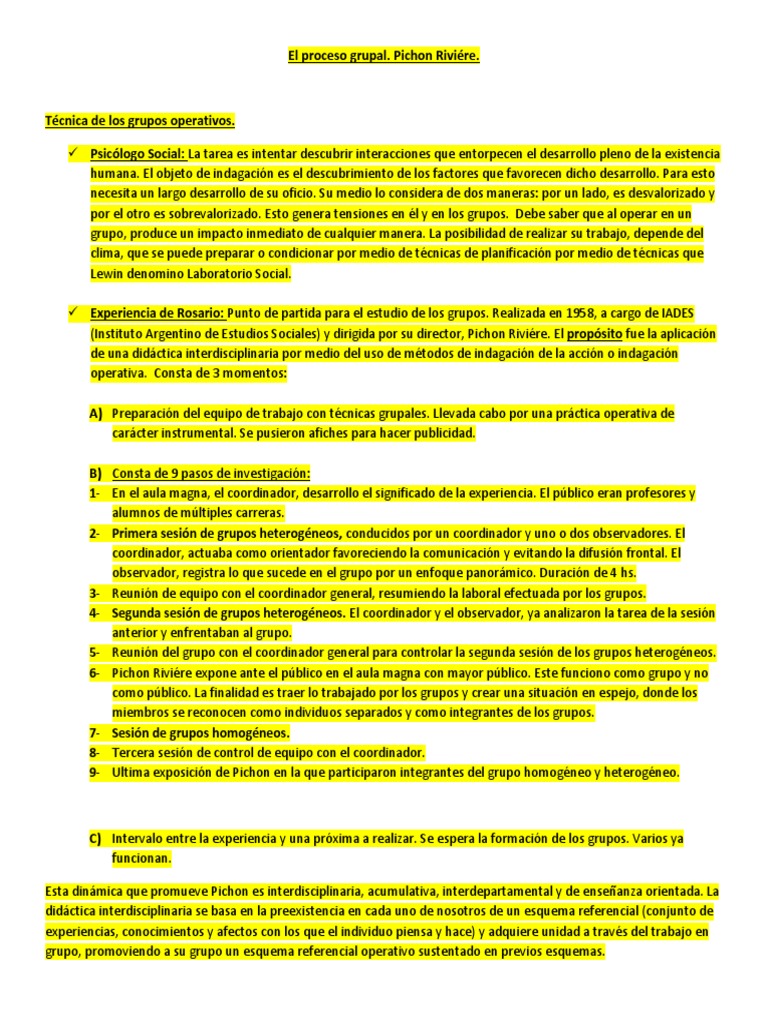 El proceso grupal según Pichon Riviére: técnicas y experiencia de ...