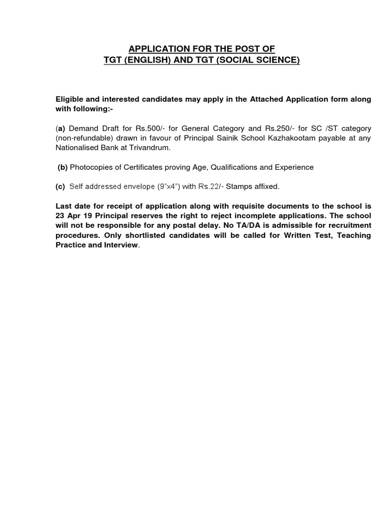 Application For The Post of TGT (English) and TGT (Social Science ...