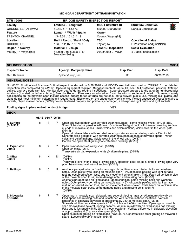 2018 Grosse Ile Bridge Inspection Report | PDF | Truss | Structural ...