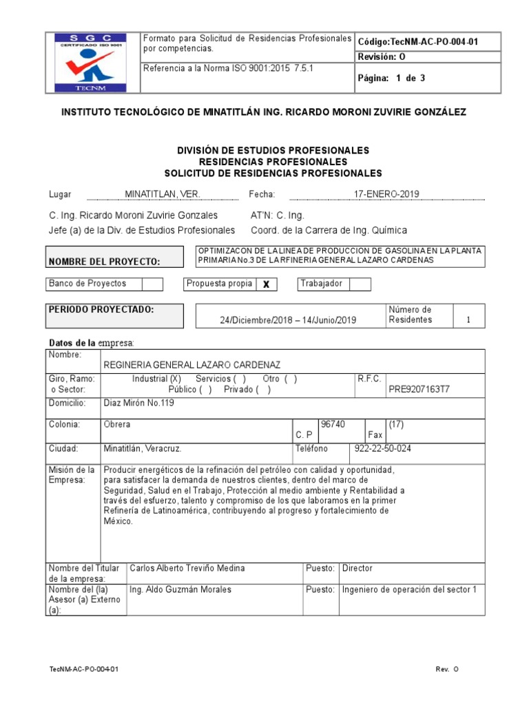 2.-TecNM-AC-PO-004-01 SOLICITUD DE RESIDENCIAS PROFESIONALES | PDF | México