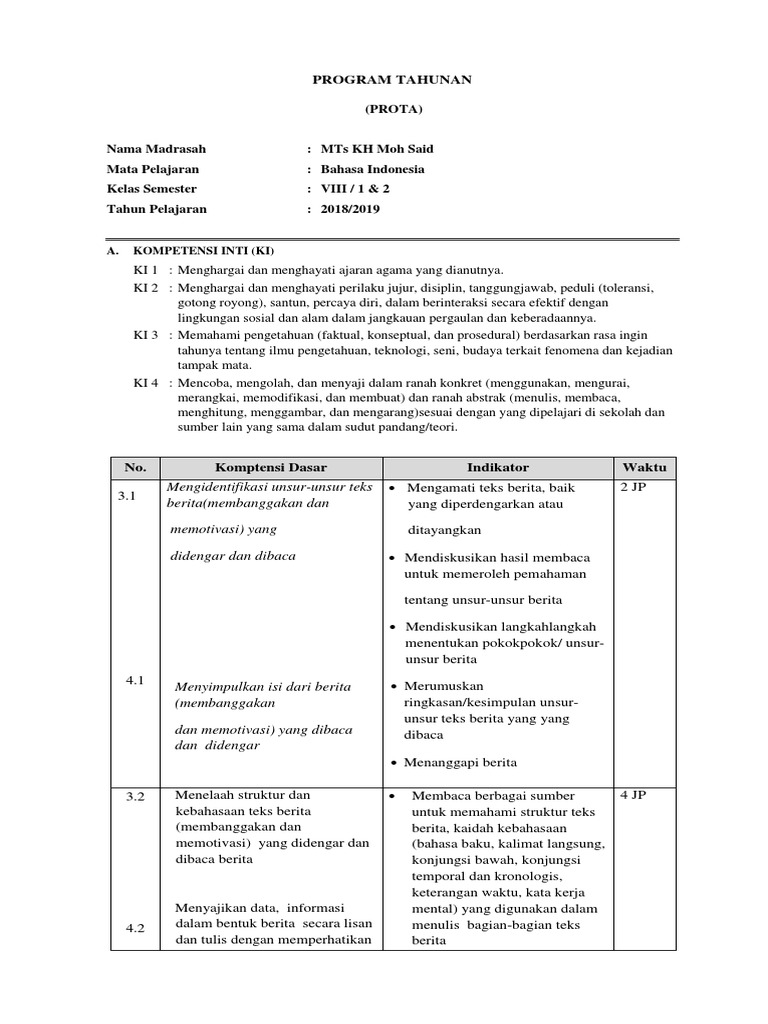 Prota Bahasa Indonesia Kelas SMP K13 | PDF