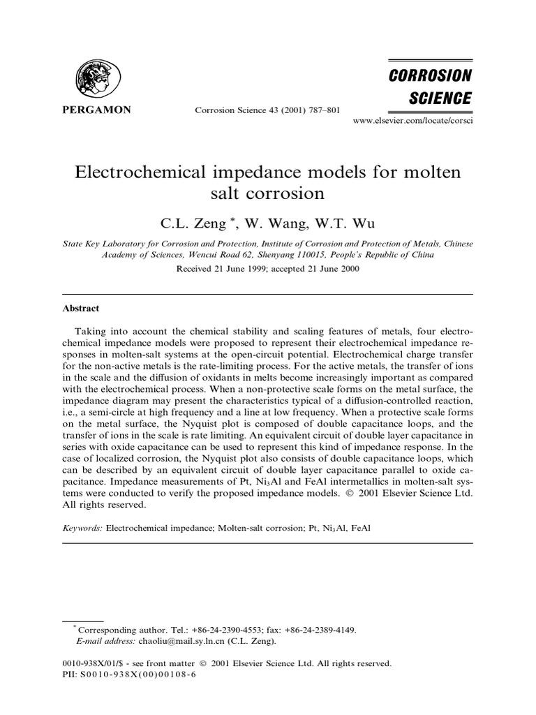 Electrochemical Impedance Models For Molten Salt Corrosion: C.L. Zeng, W. Wang, W.T. Wu | PDF ...