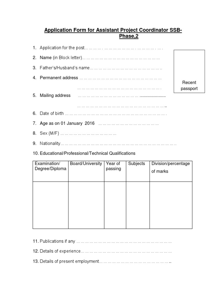 Application Form For Assistant Project Coordinator SSB-Phase, 2 | PDF ...
