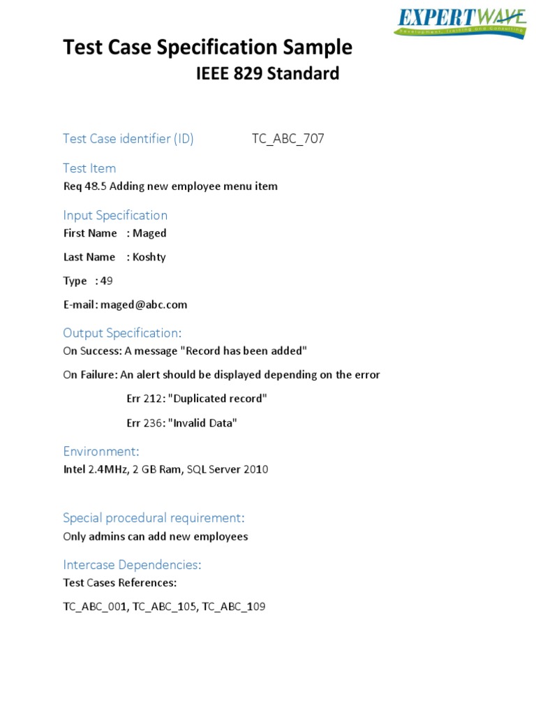 Test Case Specification for Employee Addition | PDF