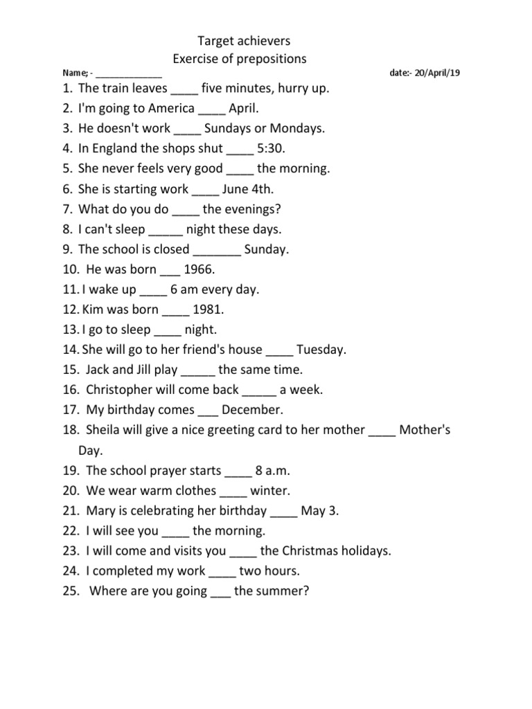 Preposition Test. | PDF