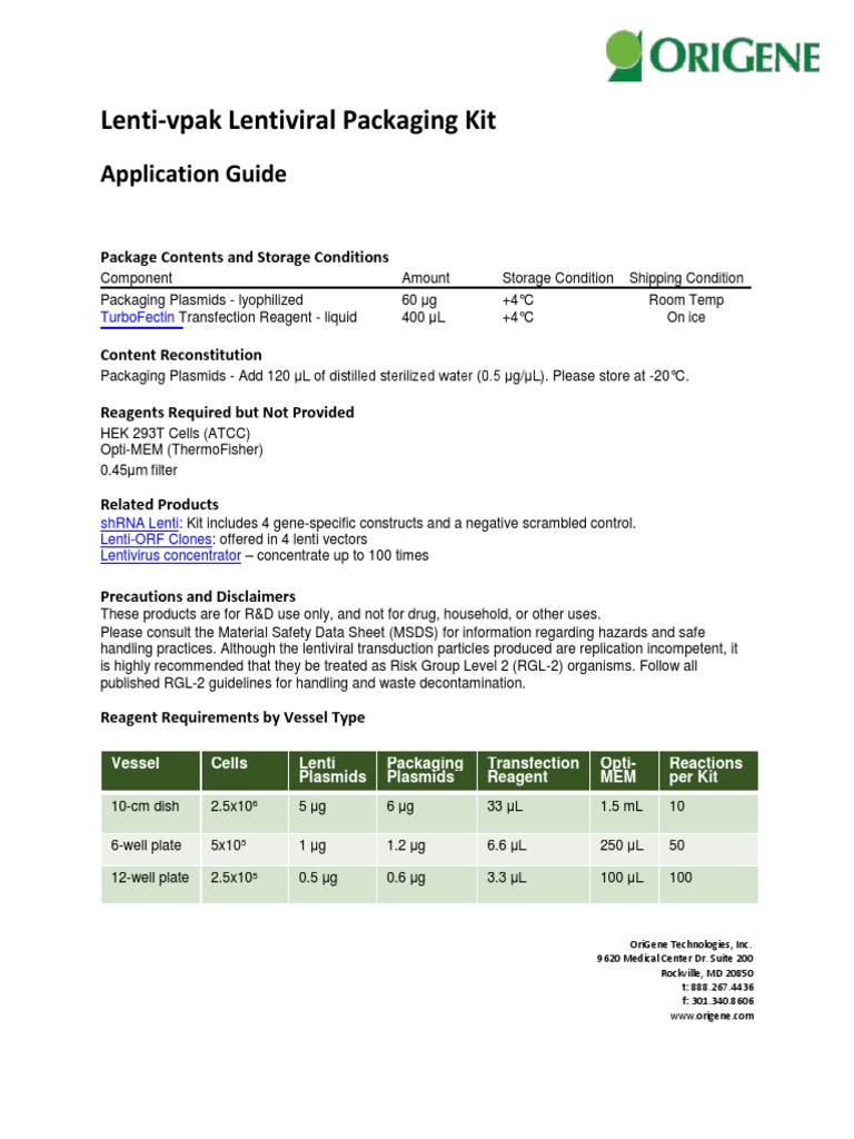 Lenti-Vpak Lentiviral Packaging Kit: Application Guide | PDF | Transfection | Cell Culture