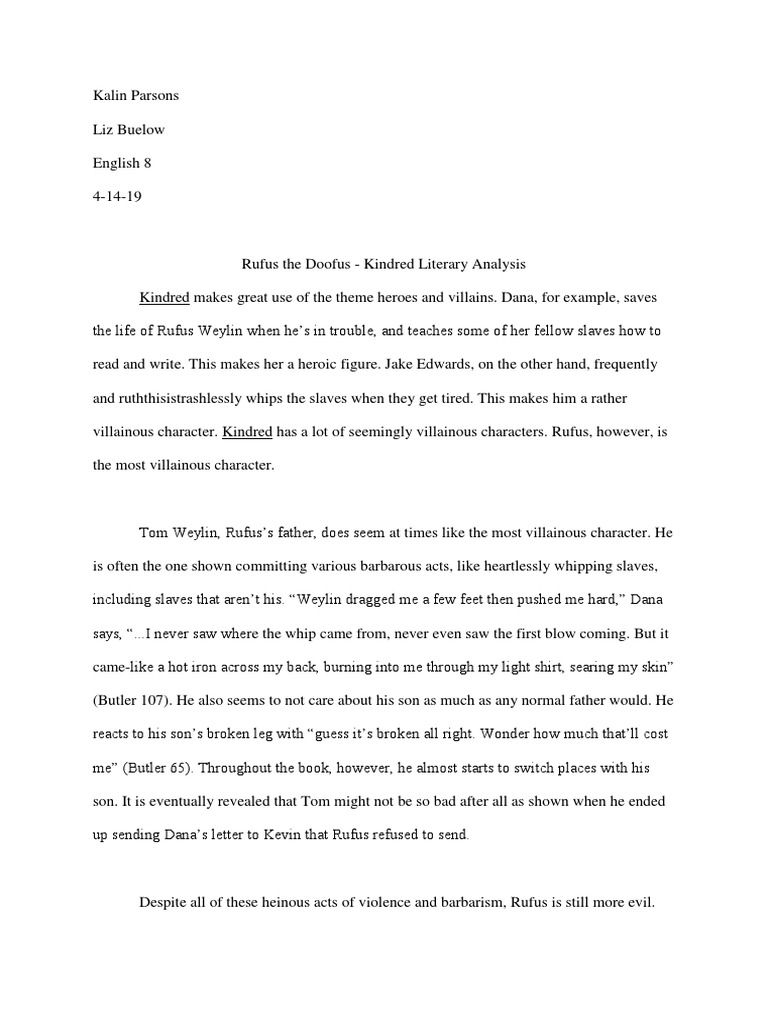 Kindred Literary Analysis - Rufus The Doofus | PDF