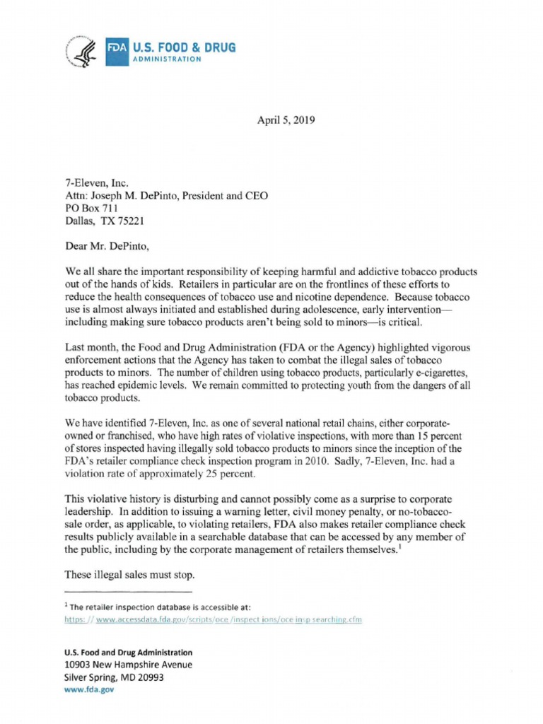 FDA Letter To 7-Eleven, Inc. | PDF | Food And Drug Administration