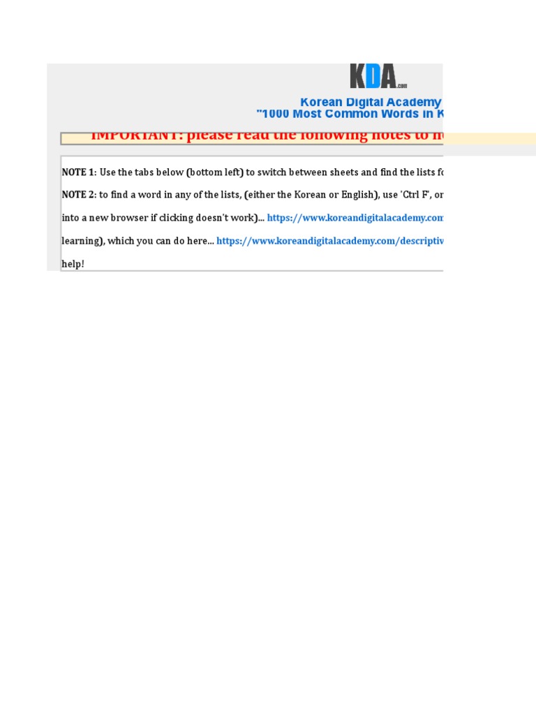 KDA Wordlists Top 1000 Most Common Korean Words | PDF | Adjective | Adverb