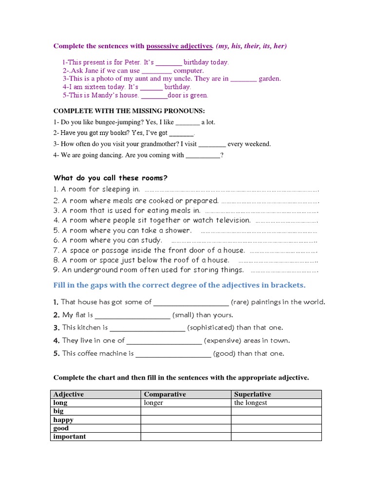 Complete The Sentences With Possessive Adjectives. (My, His, Their, Its ...