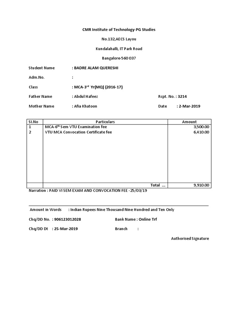 MCA Exam and Convocation Fees | PDF