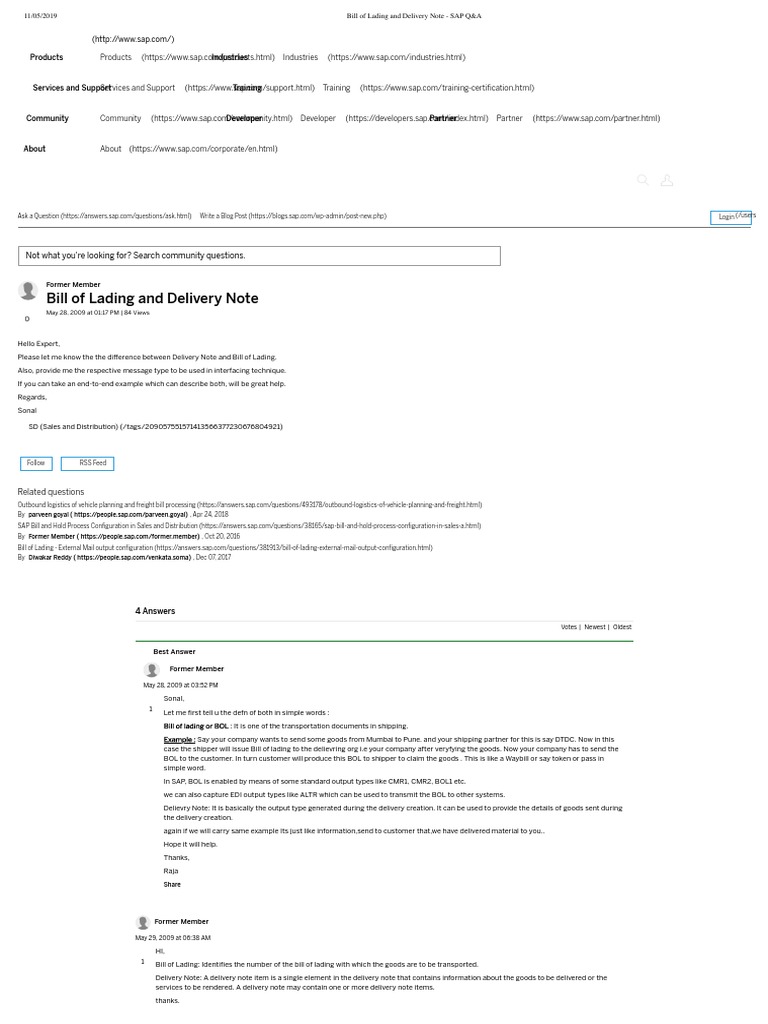 Bill of Lading and Delivery Note - SAP Q&A | PDF | Cargo | Bill Of Lading