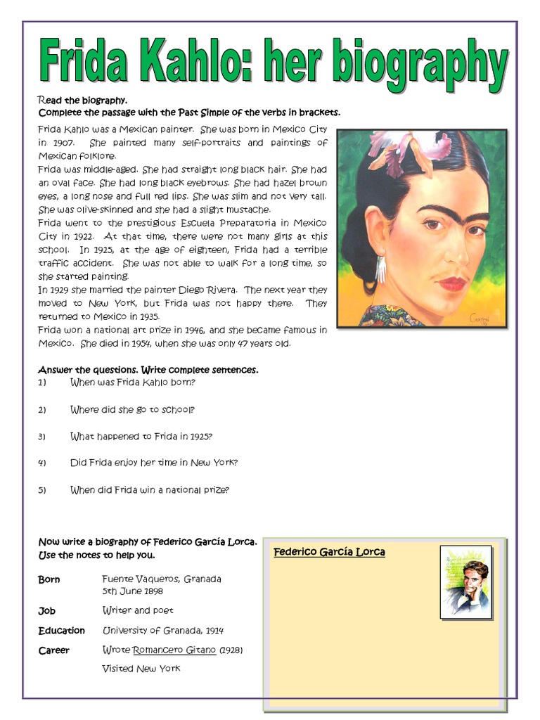 Frida Kahlo Her Biography Grammar Drills Information Gap Activities ...