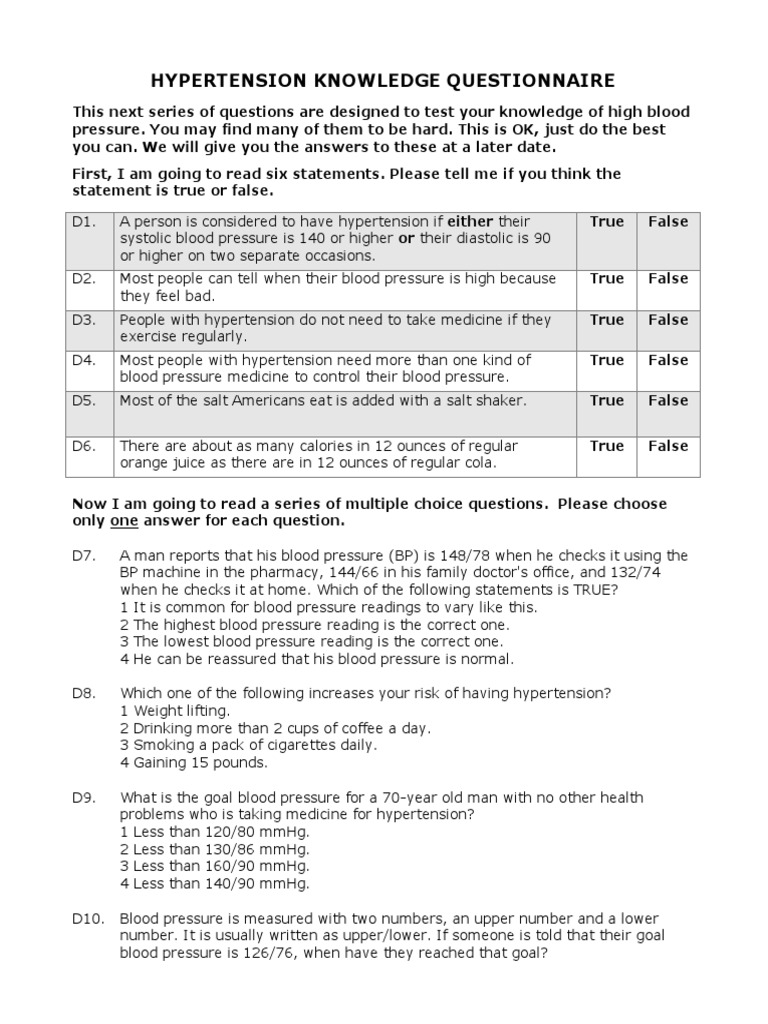 Hypertension Knowledge Questionnaire | PDF | Hypertension | Drink