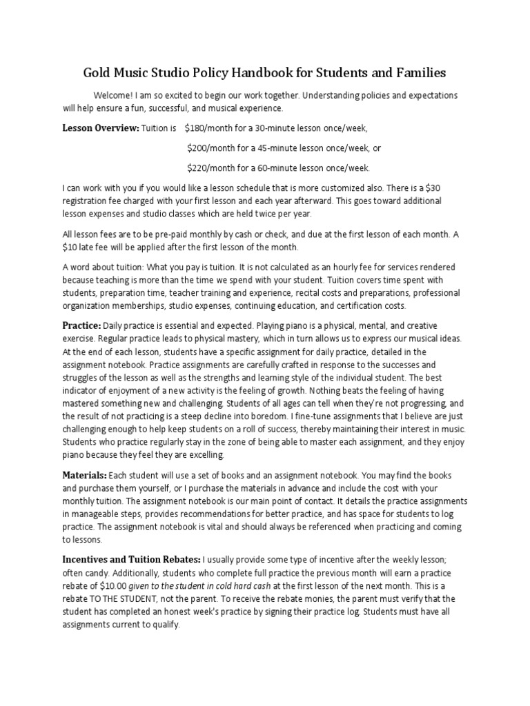 Gold Studio Policies | PDF | Piano | Fee