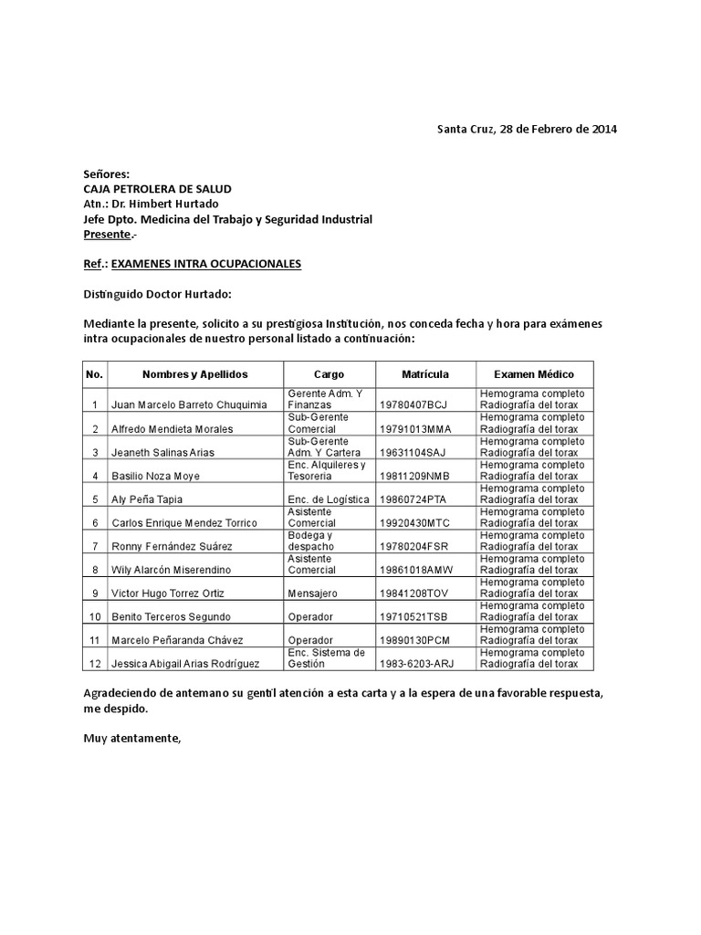 Solicitud de Exámenes Intraocupacionales | PDF | Medicina | Salud y ...
