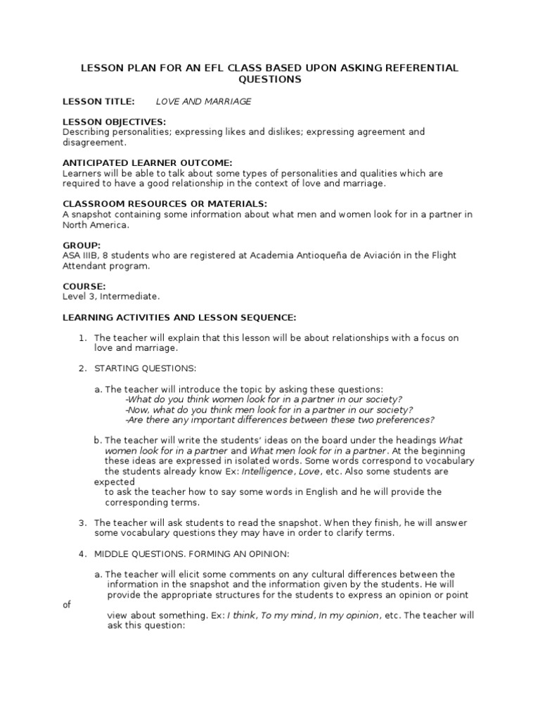 EFL Lesson: Love & Marriage | PDF | Question | Idea