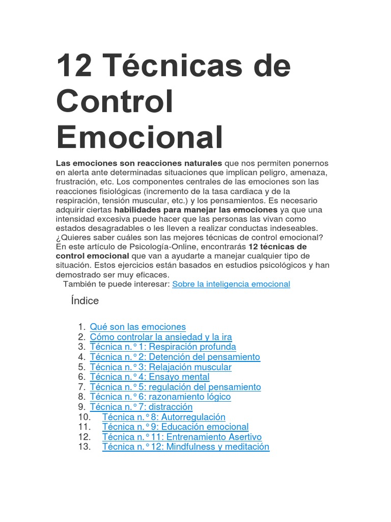 12 Técnicas para Controlar Emociones | PDF | Las emociones | Ansiedad