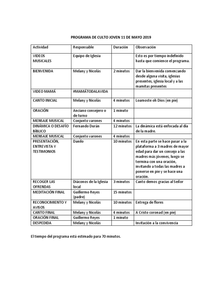 Programa de Culto Joven - 11 Mayo 2019 | PDF | Oración | Religión y creencia