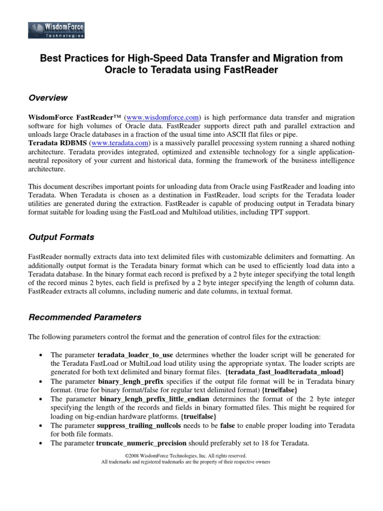 Fastreader Best Practices For Teradata Migration From Oracle Pdf File Format Parameter