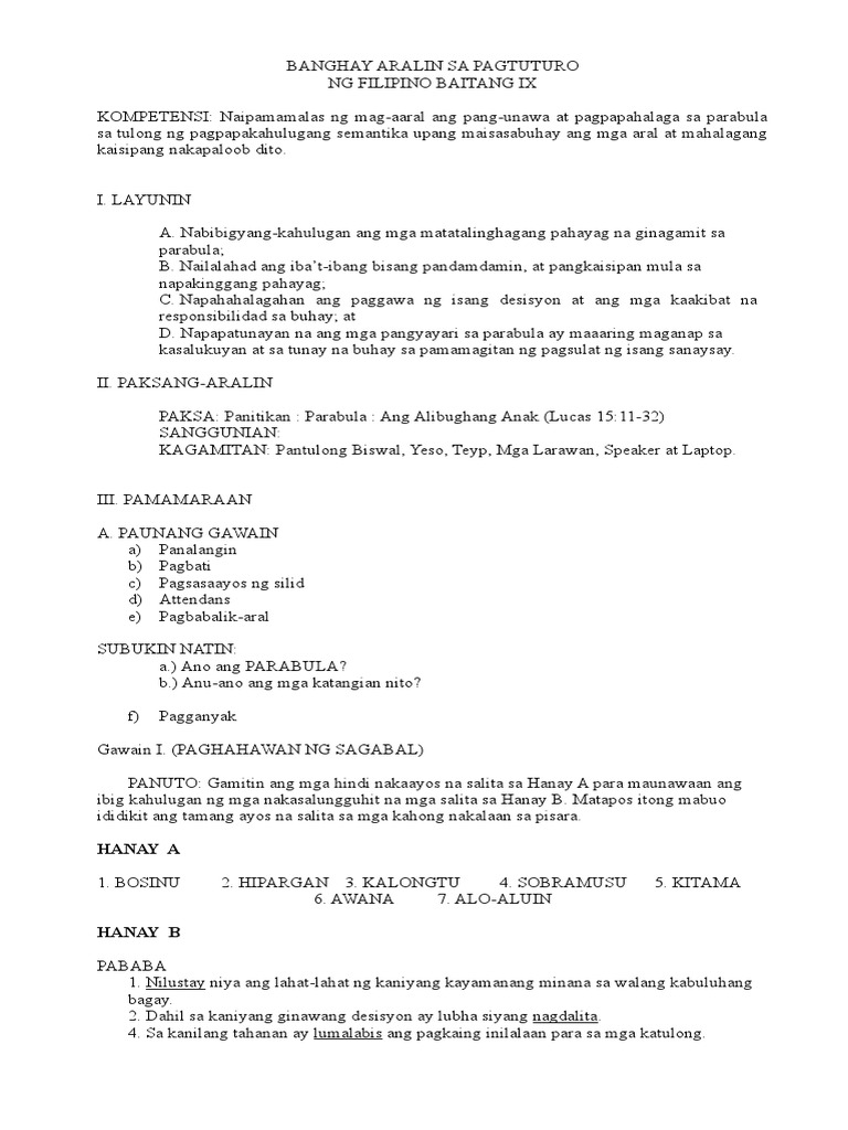 Banghay Aralin Sa Pagtuturo NG Filipino | PDF