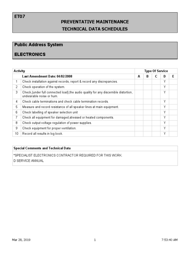 ET07 Preventative Maintenance Technical Data Schedules | PDF