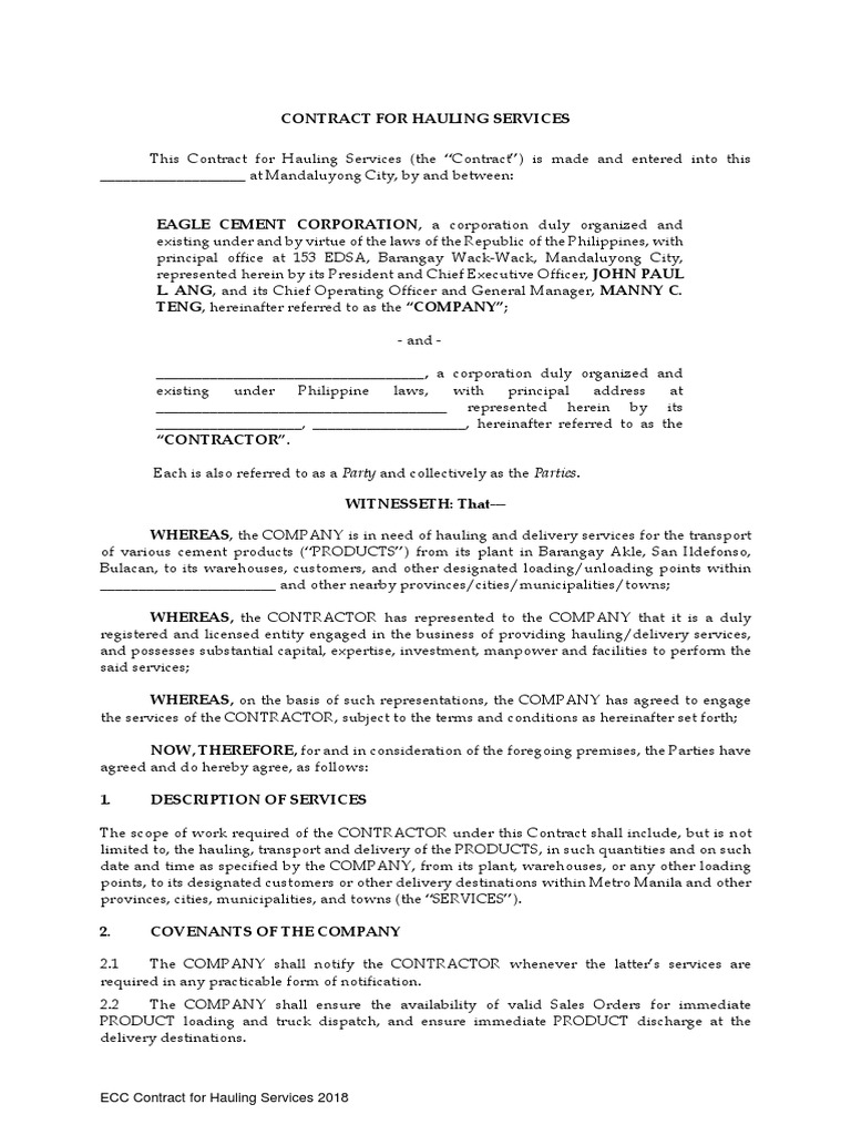 ECC Contract For Hauling Services 2018 | PDF | Independent Contractor ...