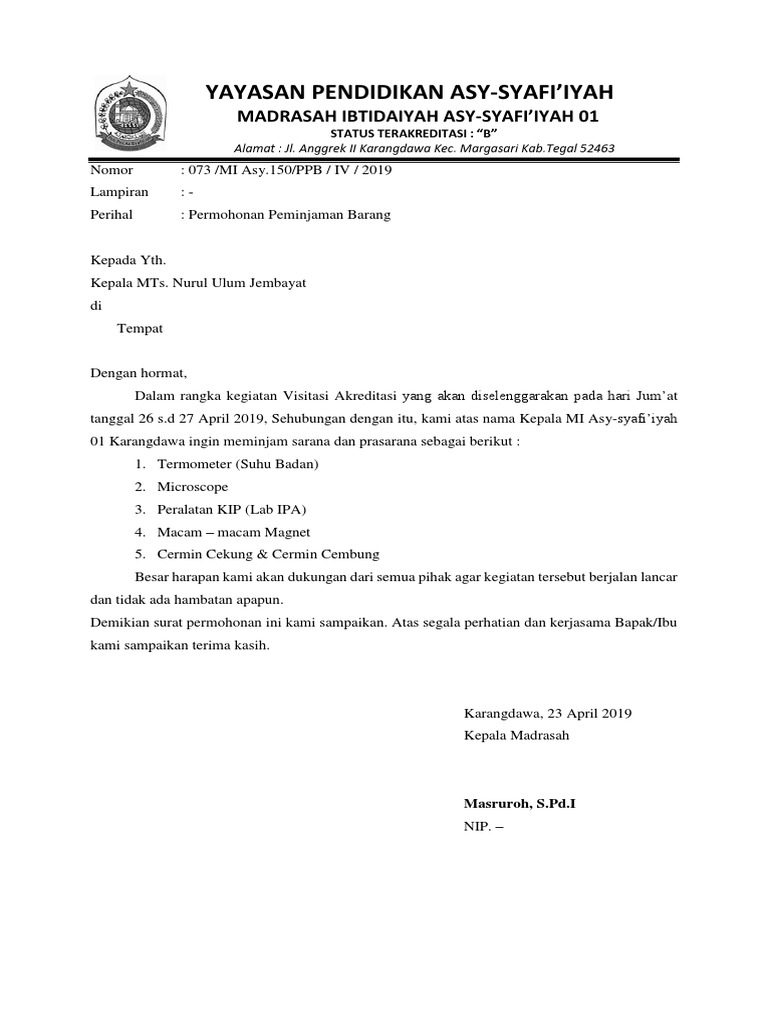 Contoh Surat Peminjaman Barang | PDF