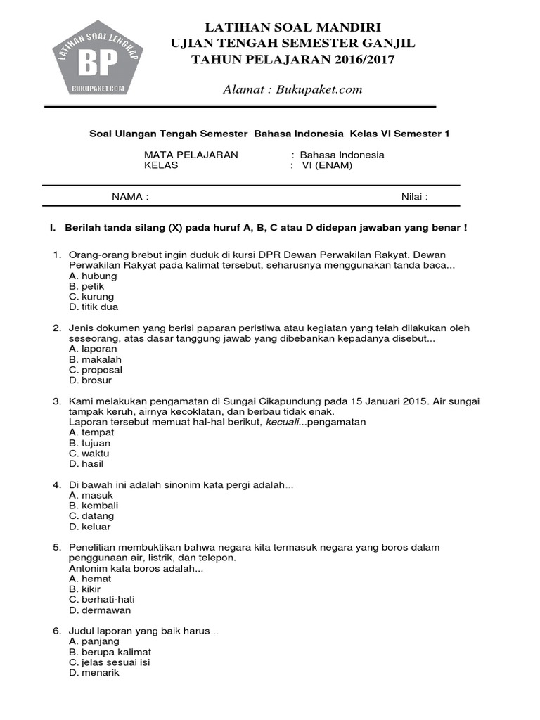 Soal UTS Bahasa Indonesia Kelas 6 Semester 1 | PDF