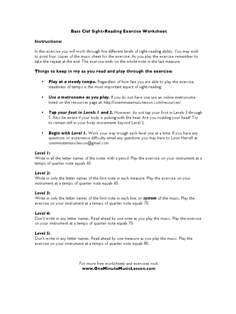 Bass Clef Sight-Reading Exercise Worksheet Instructions:: Level 1 | PDF ...