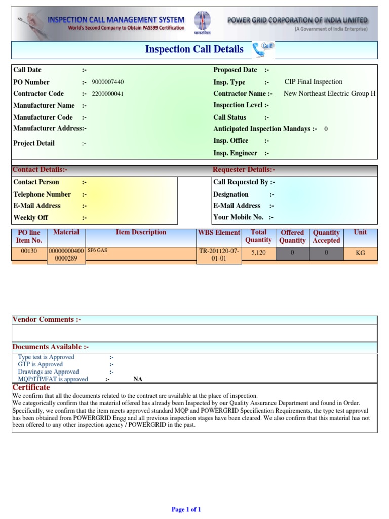Inspection Call Details: CIP Final Inspection New Northeast Electric ...