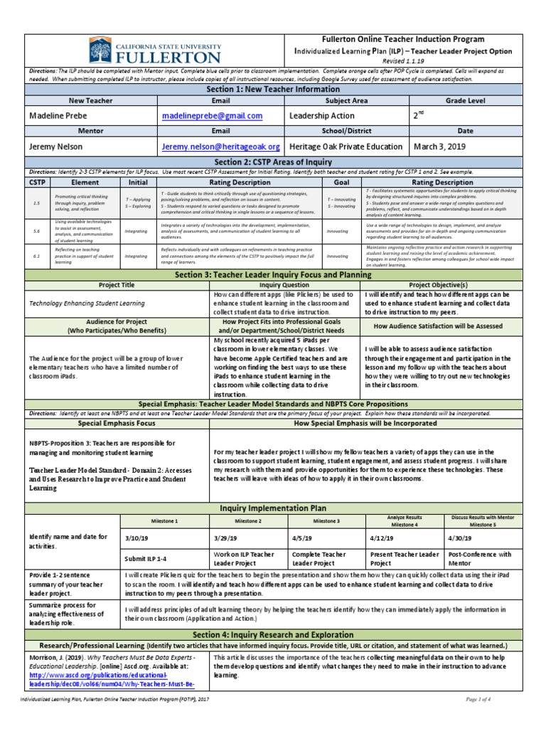 Madeline Prebe - Ilp Teacher Leadership Project | PDF | Mentorship ...