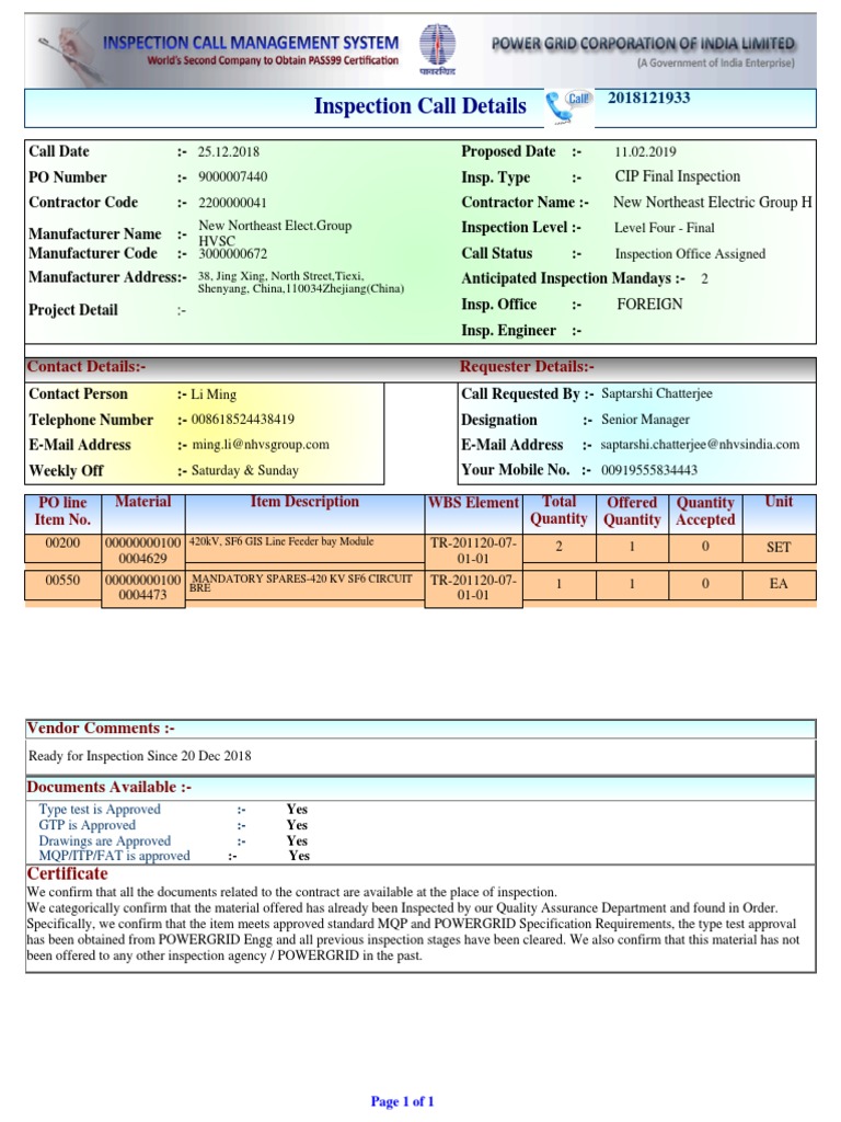 Inspection Call Details: CIP Final Inspection New Northeast Electric ...