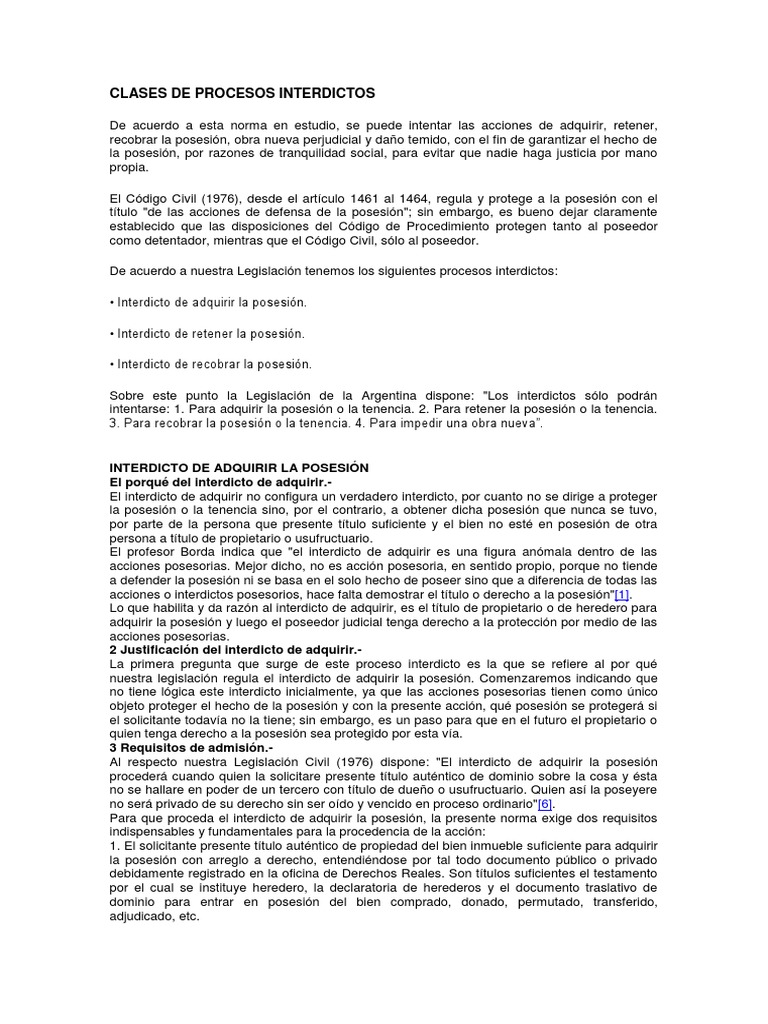 Clases de Procesos Interdictos en Posesión | PDF | Posesión (Ley ...