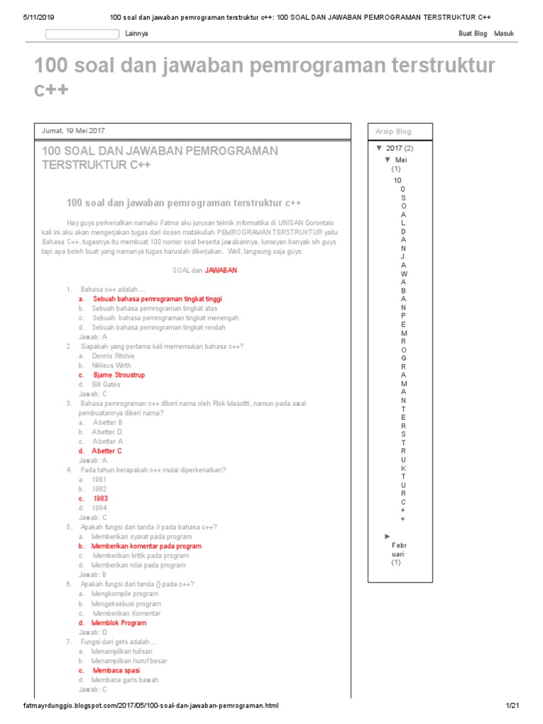 100 Soal Dan Jawaban Pemrograman Terstruktur C++ - 100 SOAL DAN JAWABAN ...