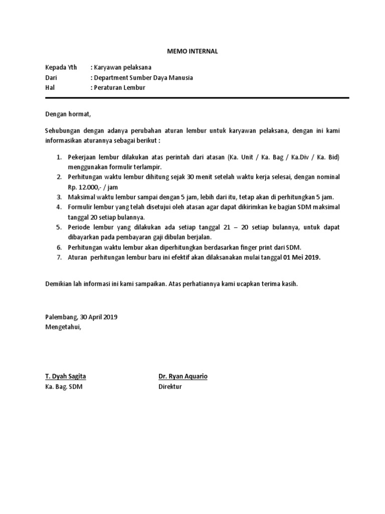Memo Internal - Aturan Lembur Baru | PDF