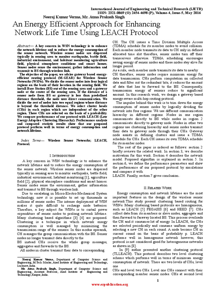 An Energy Efficient Approach For Enhancing Network Life Time Using LEACH Protocol | PDF ...