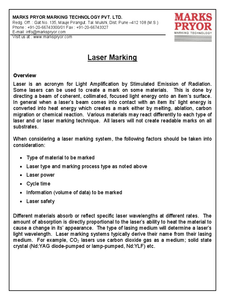 Laser Marking: Marks Pryor Marking Technology Pvt. LTD | PDF | Laser ...