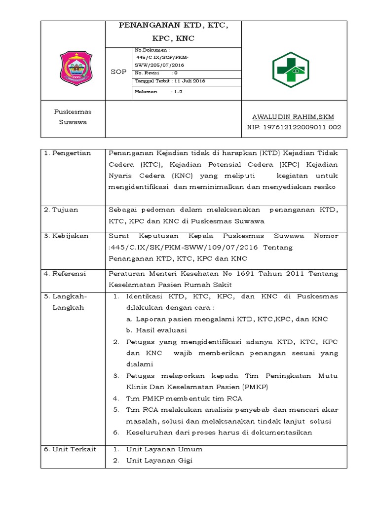 Berkas Akreditasi Bab 9 9.1.1.6 Sop Penanganan KTD, KTC, KPC, KNC | PDF