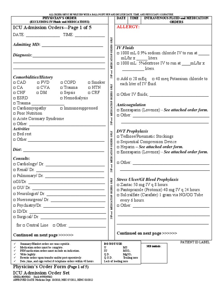 ICU Admission Orders Page 1 of 5 | PDF | Intravenous Therapy ...