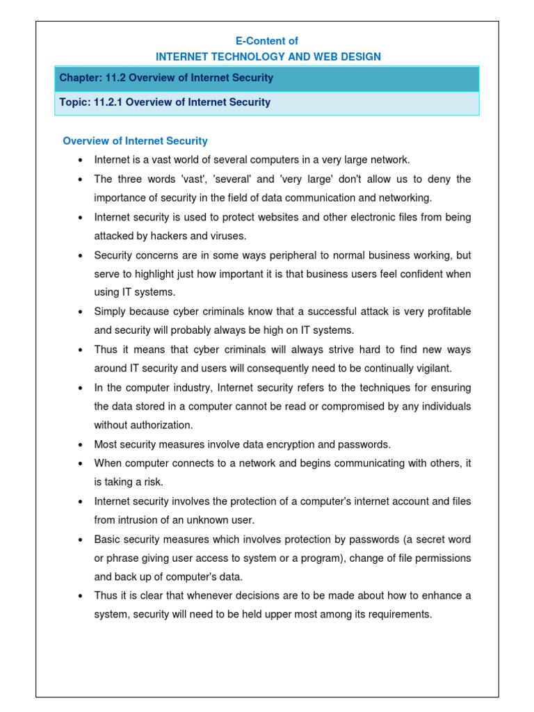 Chapter: 11.2 Overview of Internet Security Topic: 11.2.1 Overview of ...